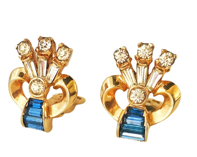 Vintage 1940s Mazer Brothers Earrings, Sapphire Blue Baguette and Clear ...