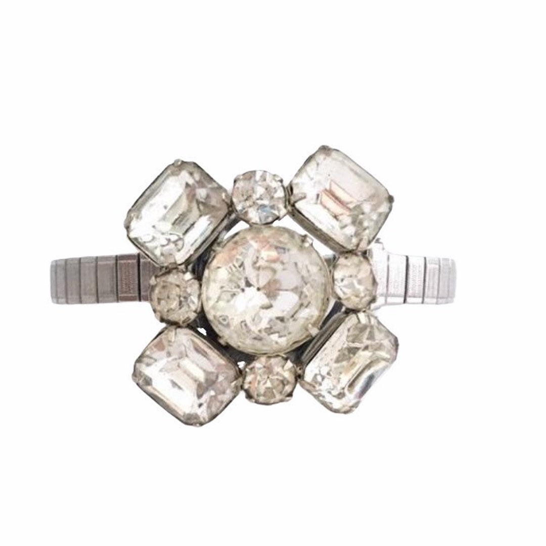 Big Silver Rhinestone Statement Bracelet. Vintage Assemblage Jewelry ...