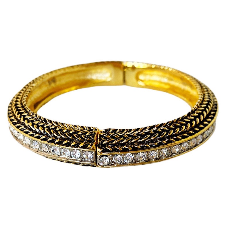 Gold Tone Hinged Bangle Bracelet. Antiqued Texture With Line - Etsy