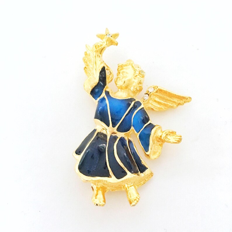 Christmas Brooch. Blue and Gold Enameled Angel Holding a Star. - Etsy