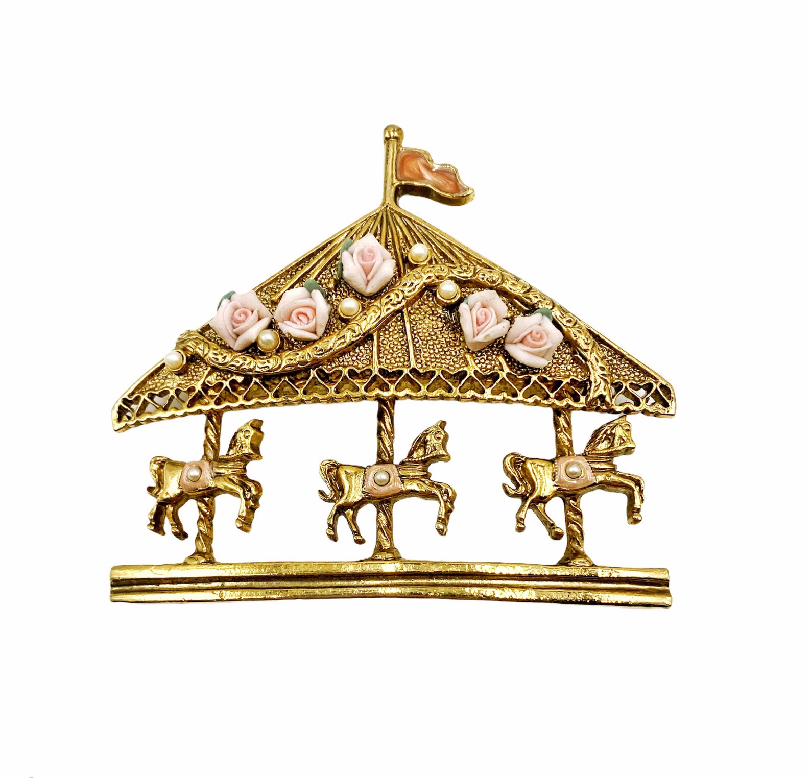 Vintage carousel brooch by 1928. Pink roses and faux pearls. | Etsy