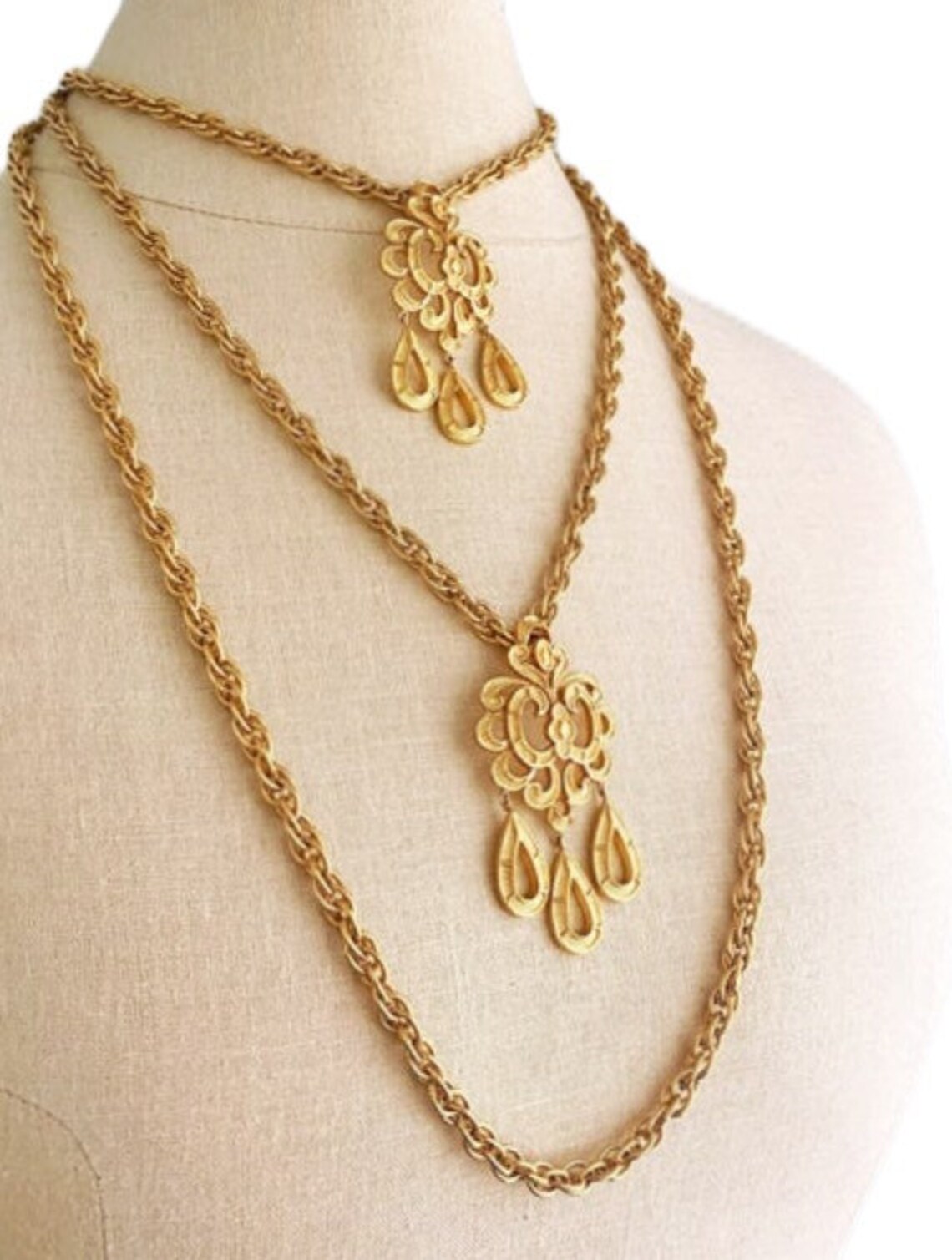 Crown Trifari Three Tier Mid Century Chains and Pendants Necklace. Very ...
