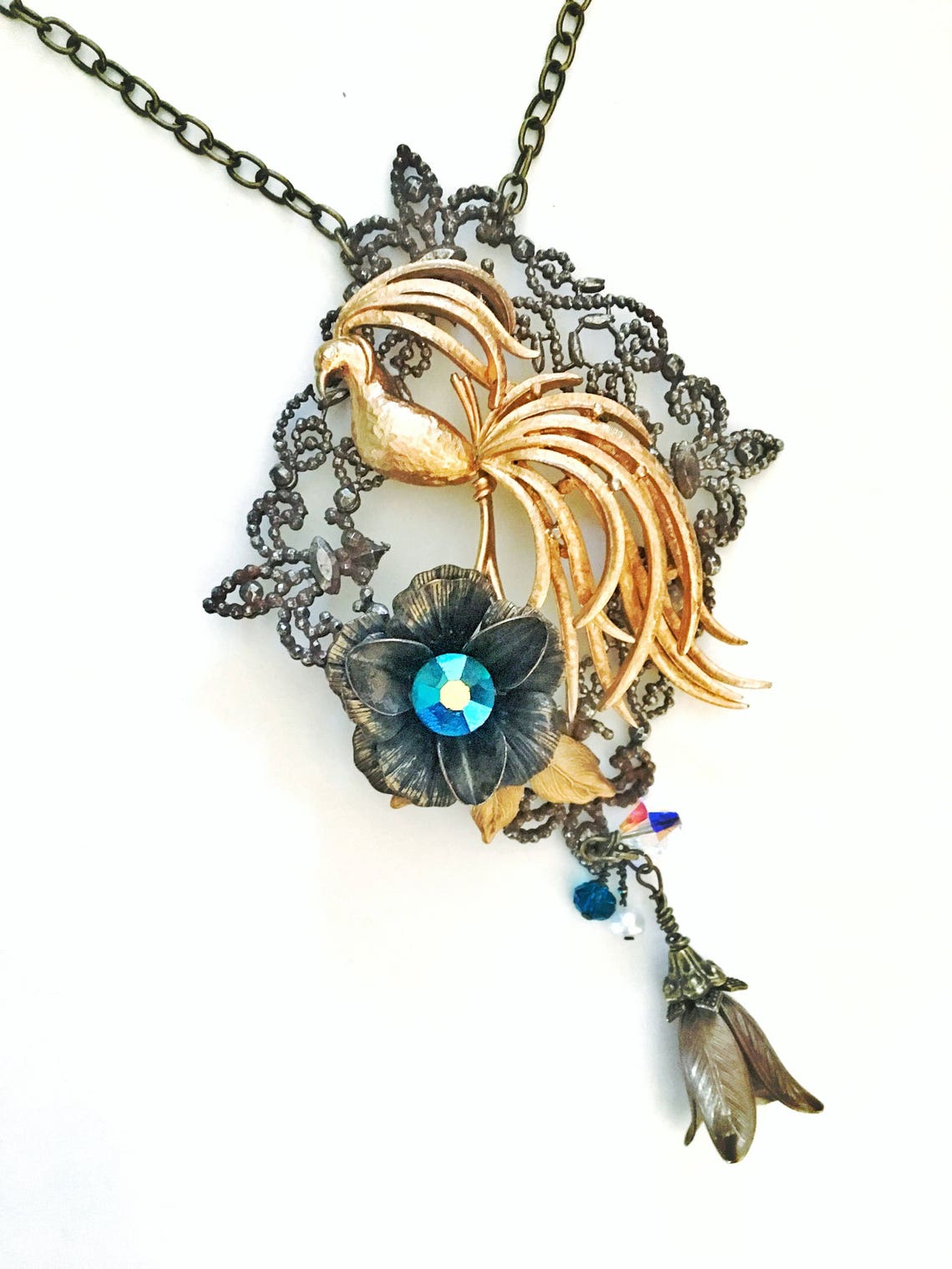 Long Statement Necklace. Vintage Assemblage Bronze and Gold - Etsy