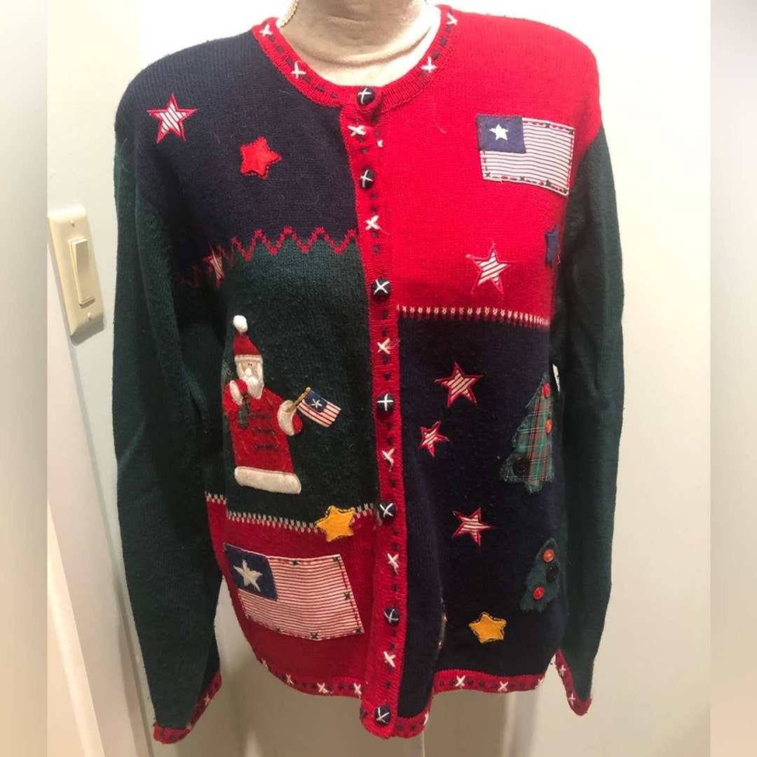 Vintage 1990’s Ladies Ugly Patriotic Primitive Santa Christmas Sweater ...