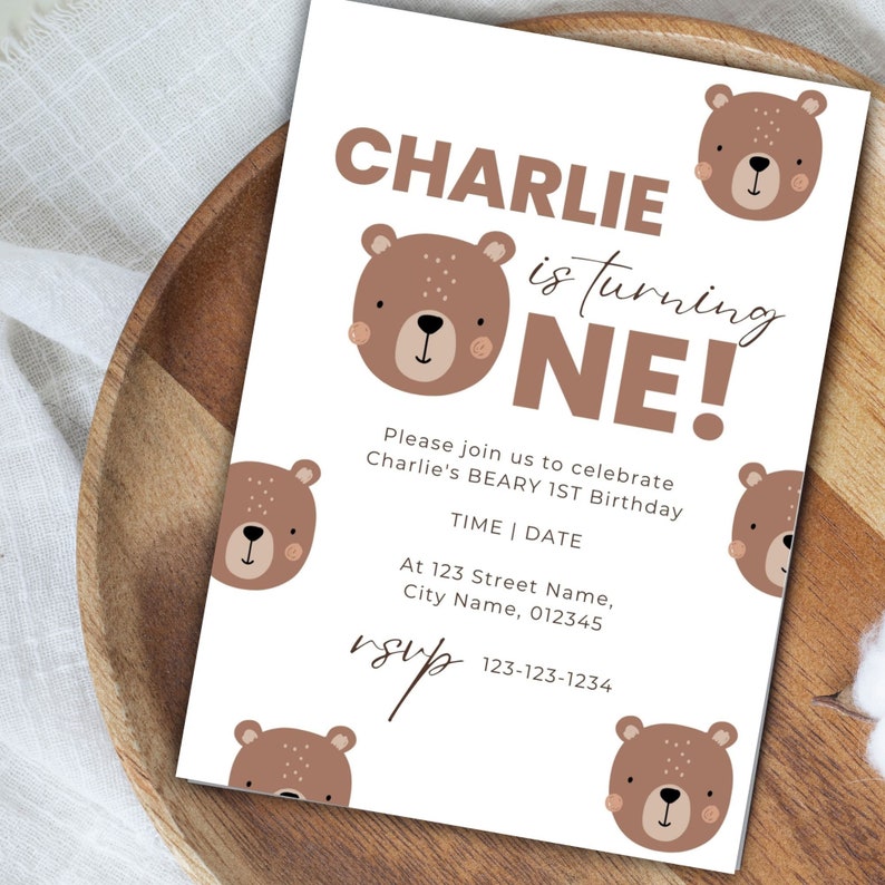Beary First Birthday Editable Party Invitation, Beary 1st Birthday ...