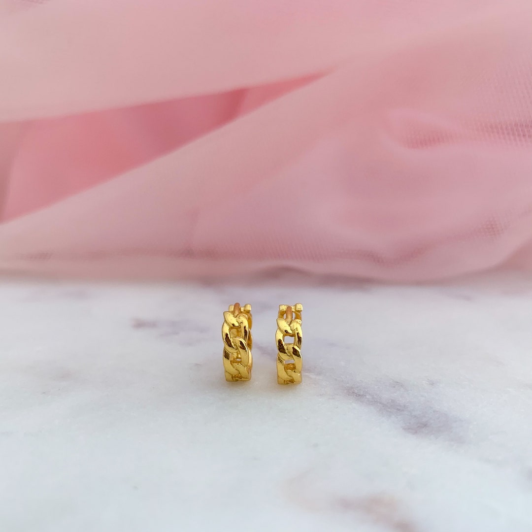 Gold Link Chain Huggies Hoop Earrings | Tiny Chain Hoops | Small Gold ...