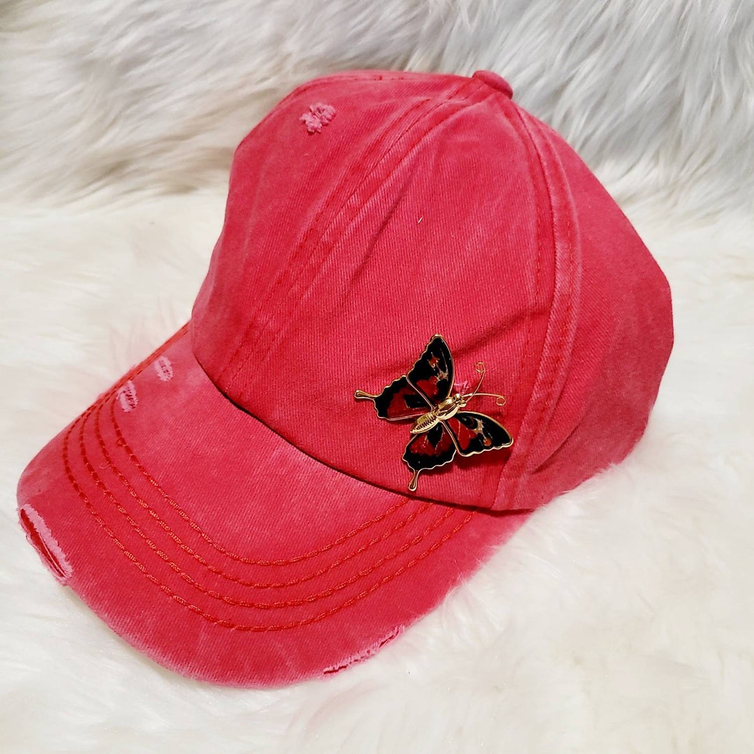 C.C. Red Butterfly Embellished Criss Cross Ponytail Cap Custom Ball Cap ...