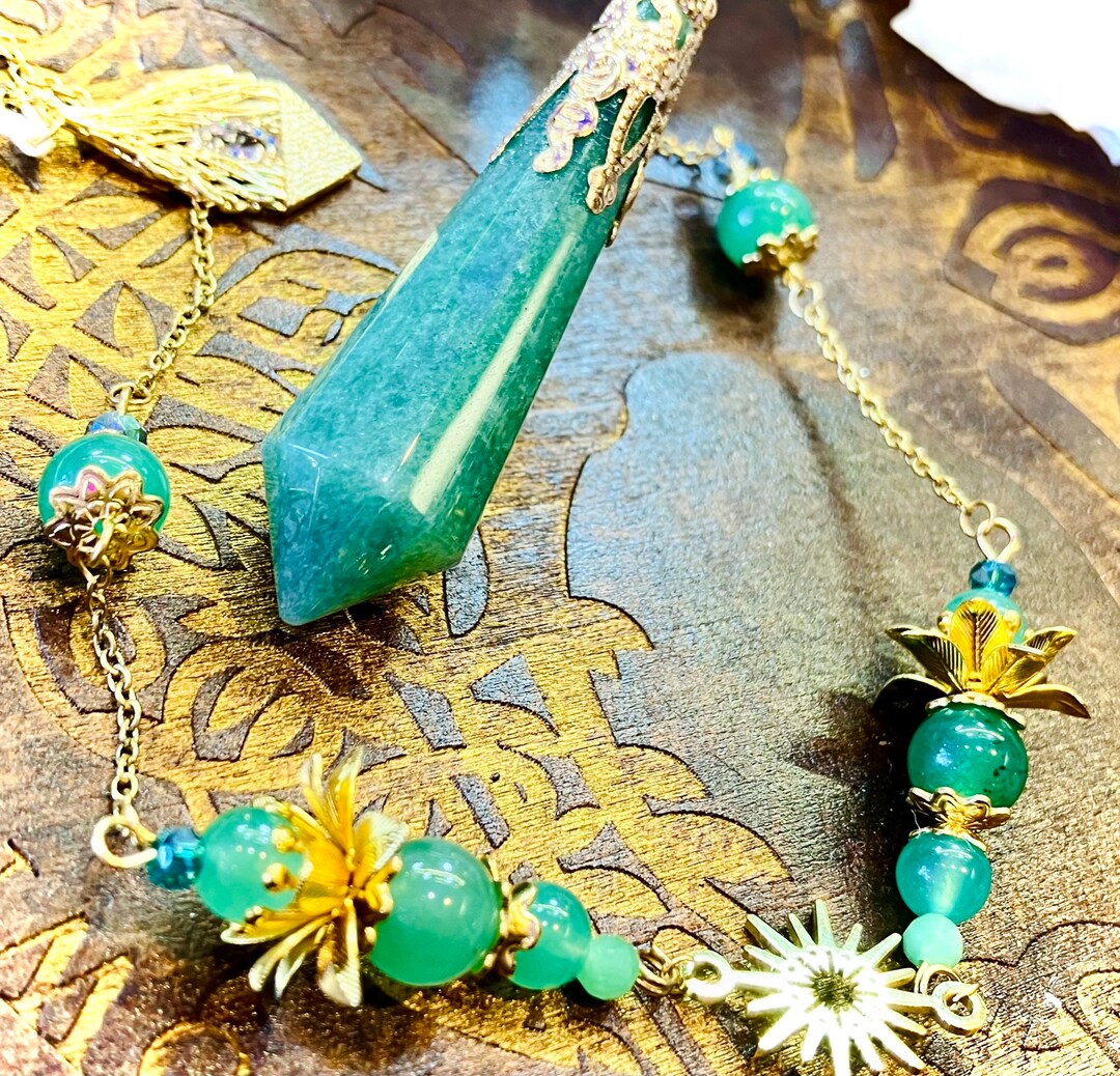 Gothic Fairy Pendulum Green Aventurine Brass Gold Flower 3D Gothic ...