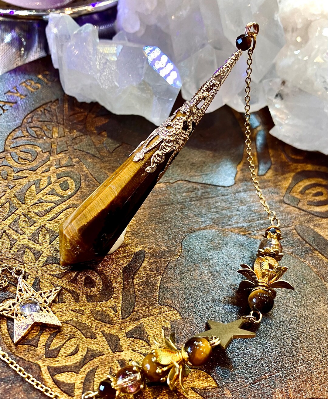 Gothic Fairy Pendulum Tiger's Eye Flower 3D Brass Gold Witch Divination ...
