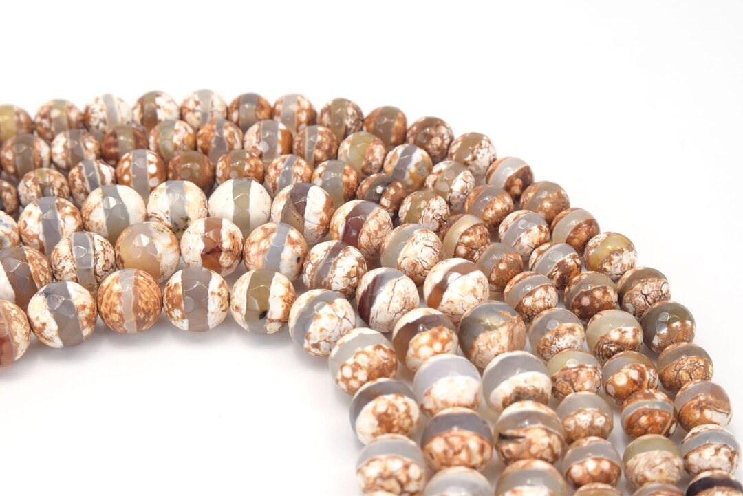 Natural Tibetan Agate Faceted Round Gemstone Bead Strand (15 Inches ...