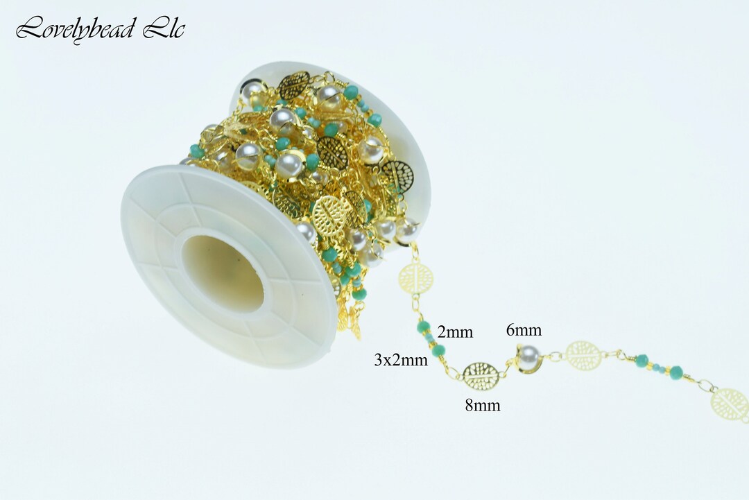 14K Gold Coding White Glass Pearl With Crystal Rosary Chain Sold by the ...