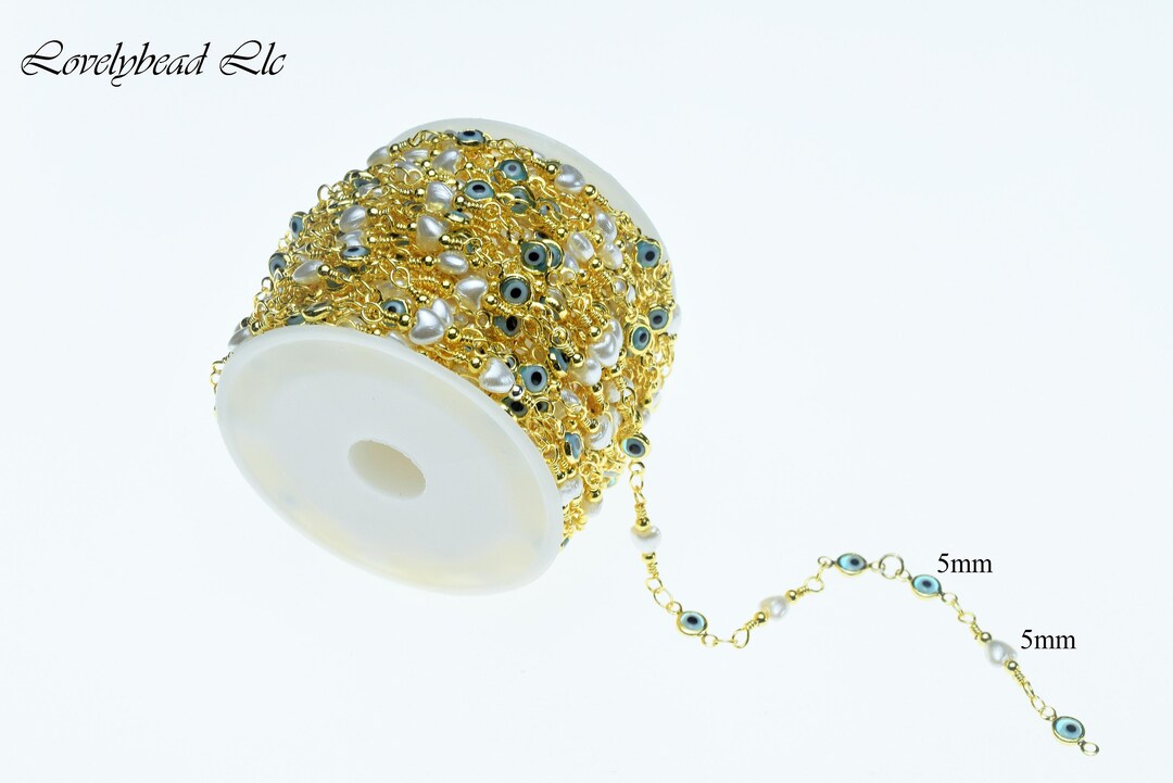 14K Gold Coding White Glass Pearl Heart With Evil Eye Rosary Chain Sold ...