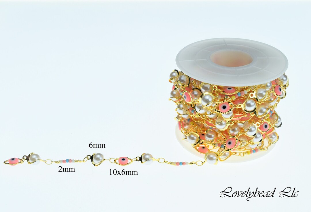 14K Gold Coding White Glass Pearl With Evil Eye Rosary Chain Sold by ...