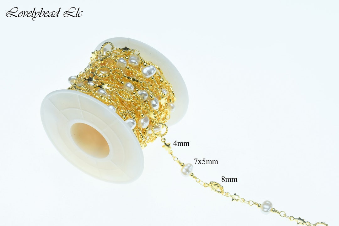 14K Gold Coding White Glass Pearl Rosary Chain Sold by the Foot (L1806 ...