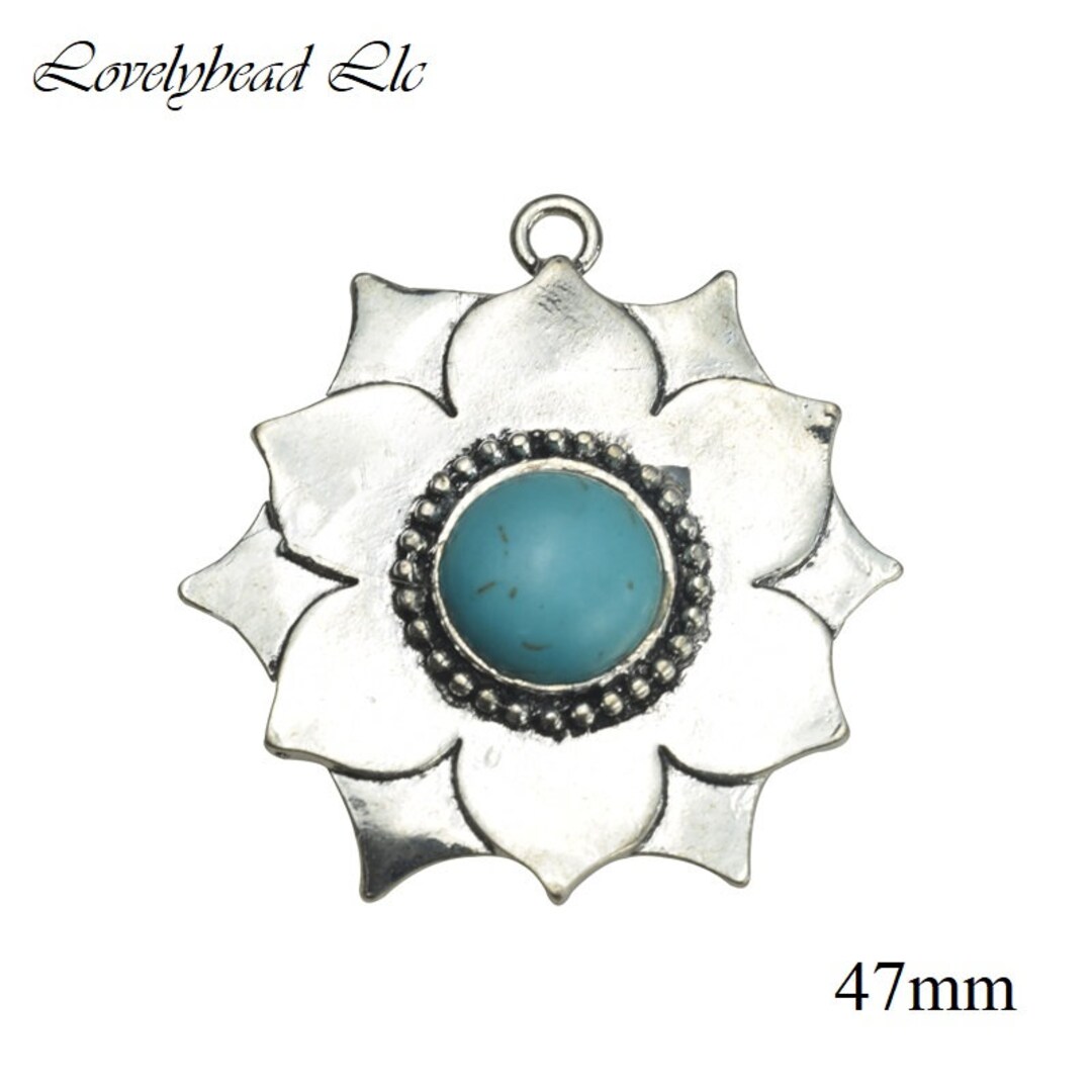 47mm Antique Silver Green Howlite Turquoise Lead Free Pewter Flower ...