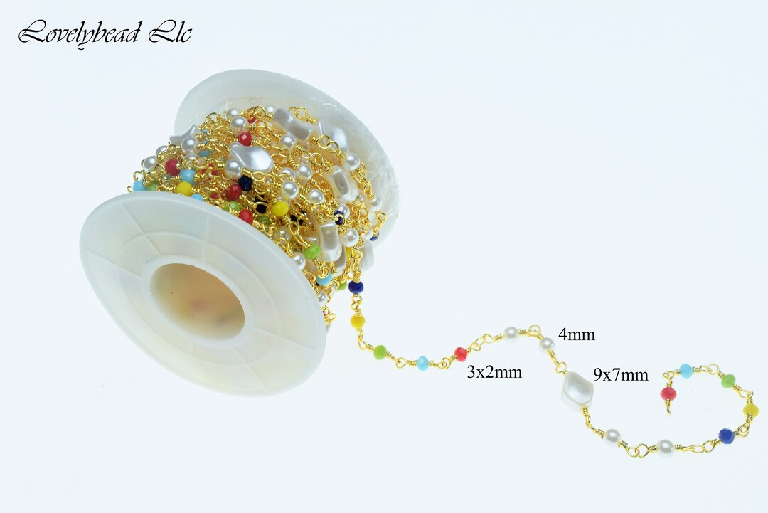 14K Gold Coding White Glass Pearl With Crystals Rosary Chain Sold by ...