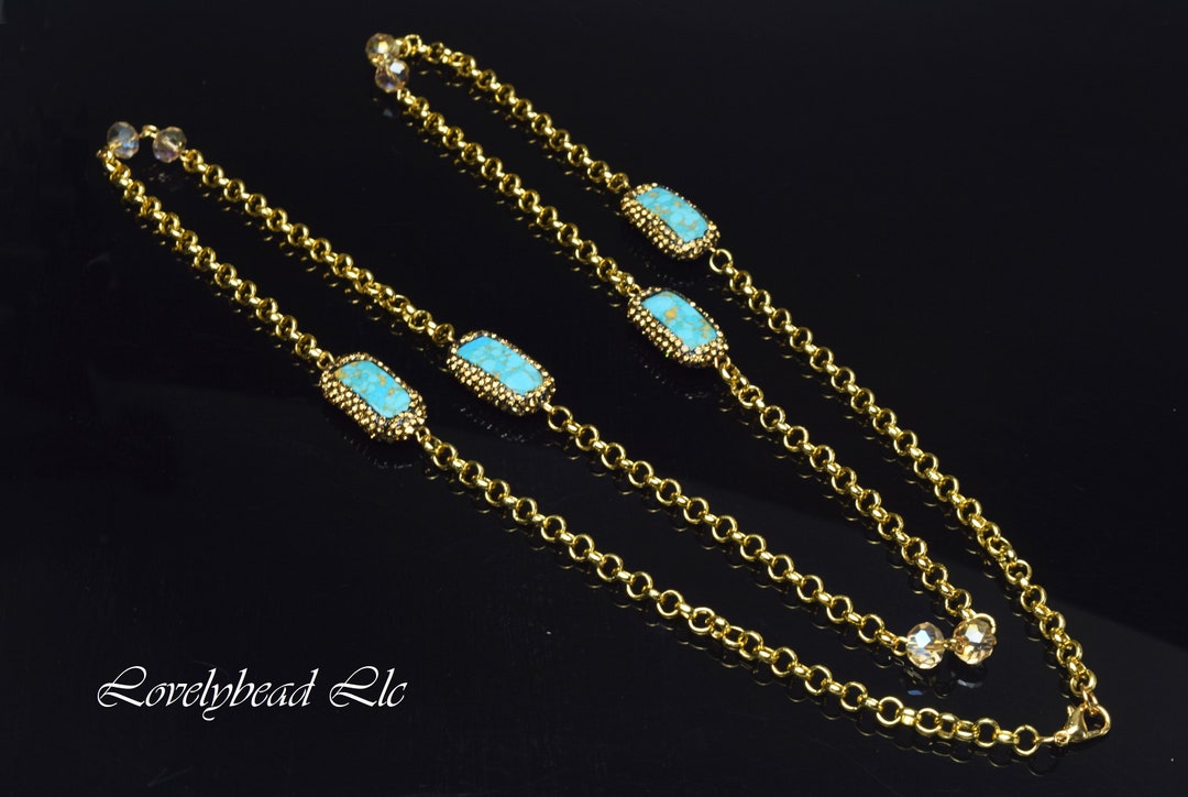 Aluminum Gold Rollo Chain Necklace With TQ, Crystal and Pave Rhinestone ...