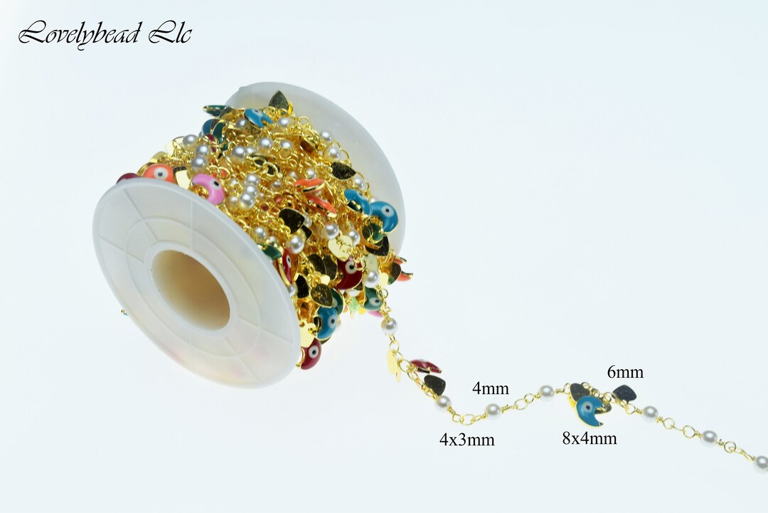 14K Gold Coding White Glass Pearl With Evil Eye Rosary Chain Sold by ...