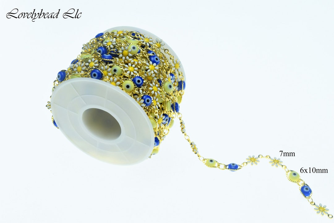 14K Gold Coding Sunflower With Evil Eye Rosary Chain Sold by the Foot ...