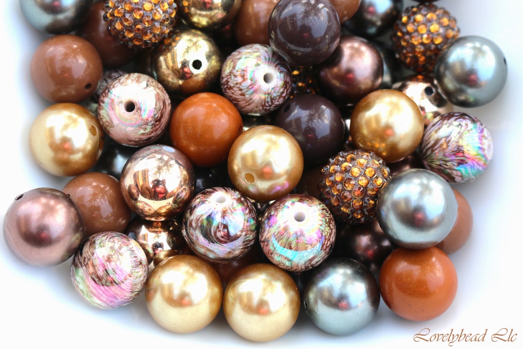 20mm Round Brown Mix Bubblegum Beads, Chunky Bead Mix, Printed Beads ...