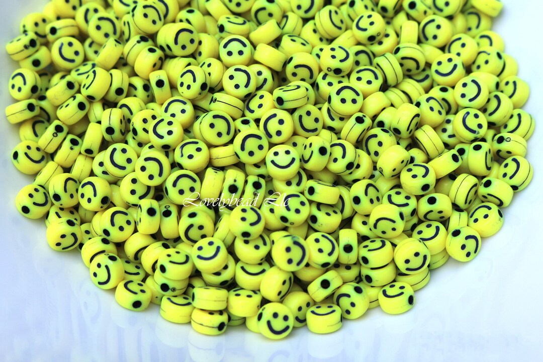 4x7mm - 100 Pcs Yellow Happy Smiley Face Acrylic Bead, Round Smiling ...