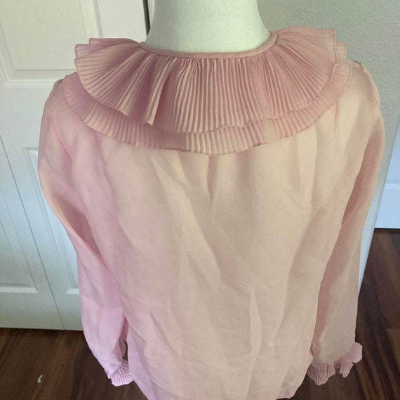 Pink ruffled collar 1980s 80s Sheer Secretary Blouse … - Gem