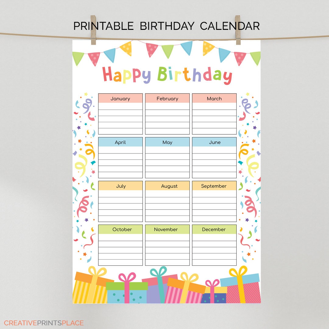 Printable Kids Happy Birthday Calendar, Class Birthday Tracker, Instant ...