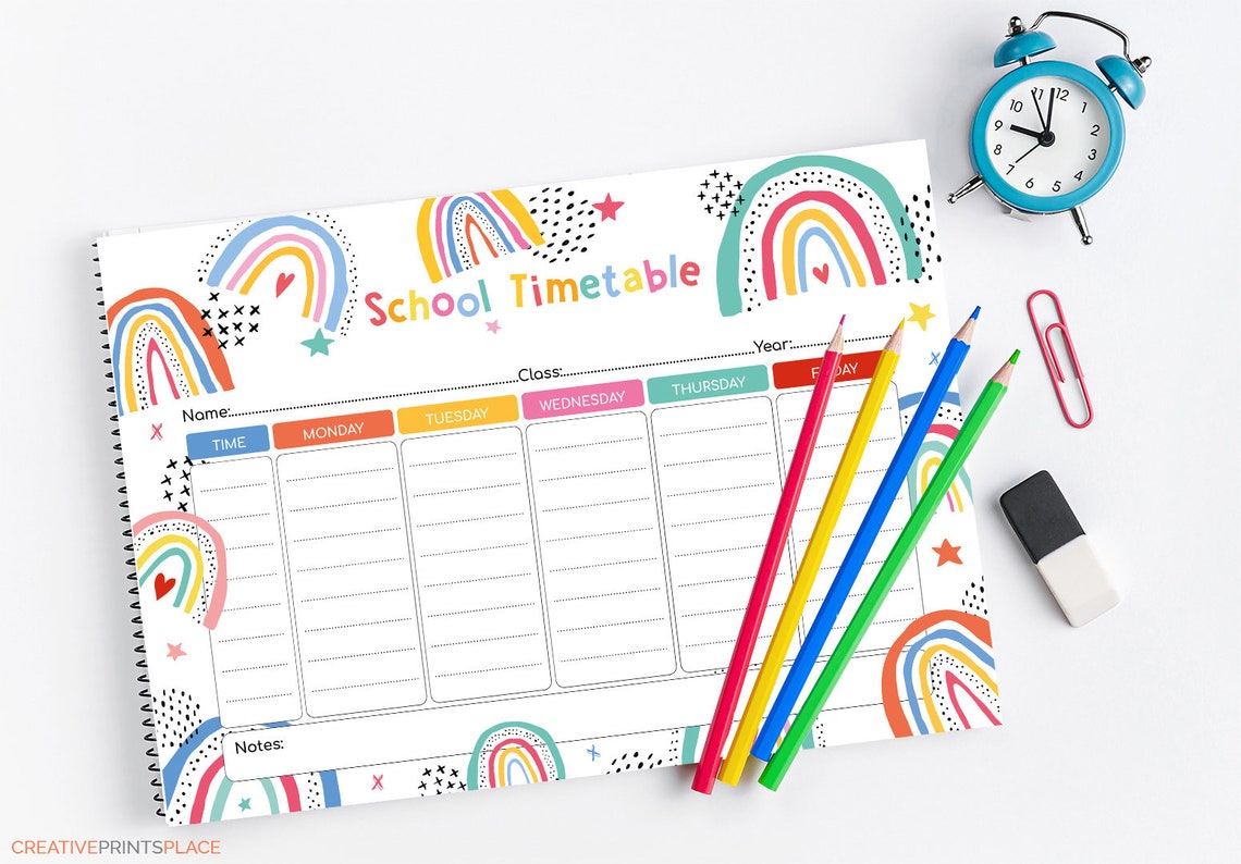Printable Rainbow School Timetable, Kids Daily Schedule, Back to School ...