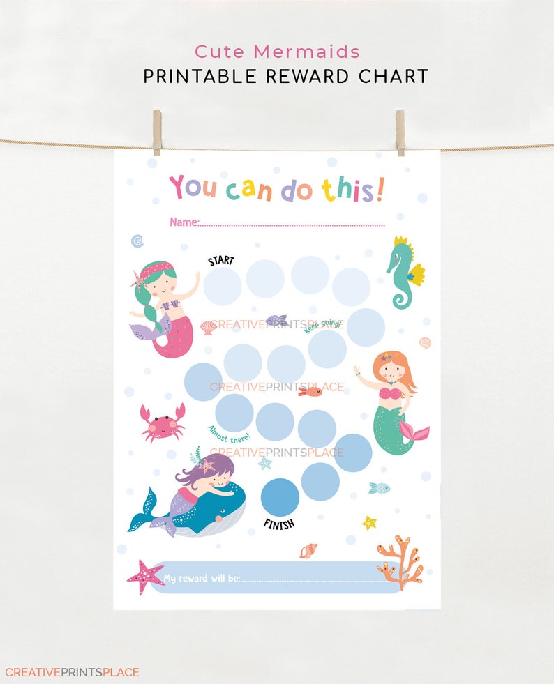 Printable Cute Mermaids Reward Chart, Girl's Sticker Chart, Instant ...