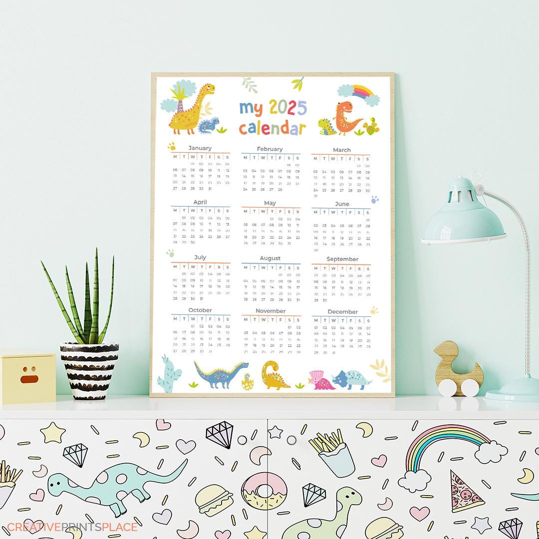 PRINTABLE Cute Dinosaur Calendar 2025, Kids Yearly Wall Calendar ...