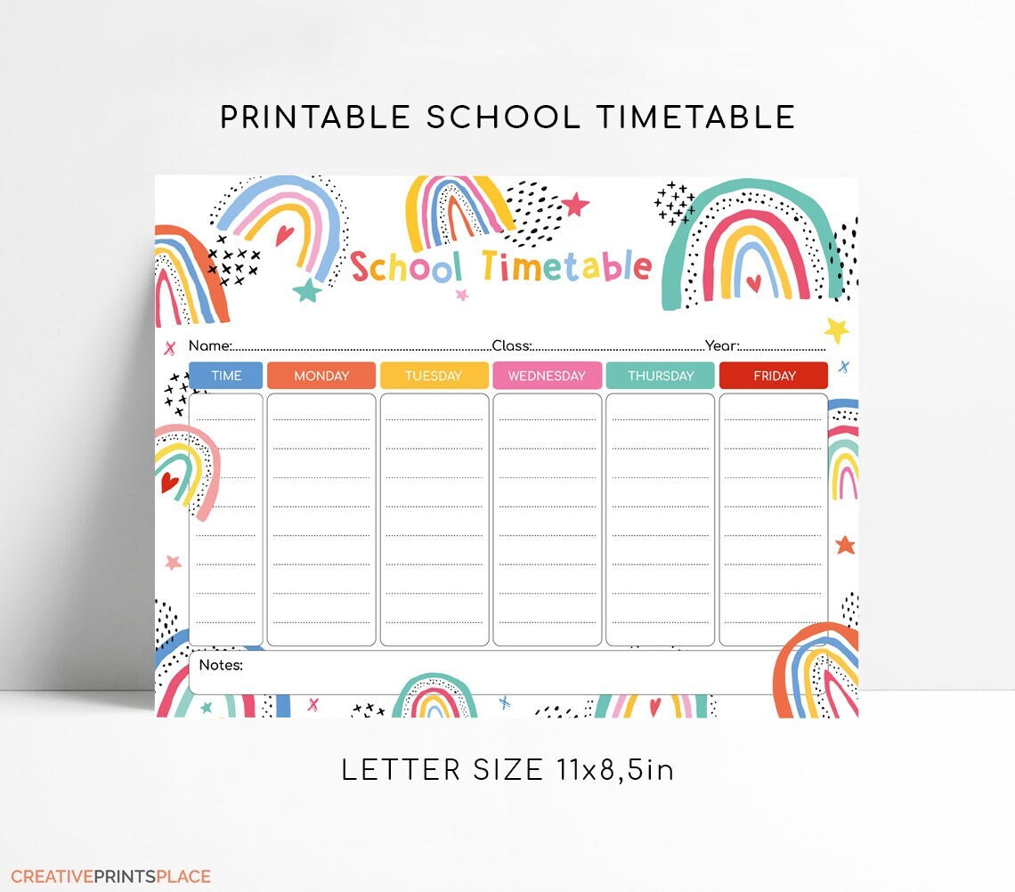 Printable Rainbow School Timetable, Kids Daily Schedule, Back to School ...