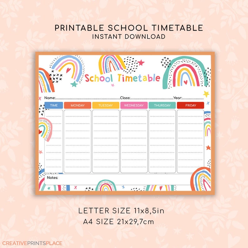 Printable Rainbow School Timetable, Kids Daily Schedule, Back to School ...