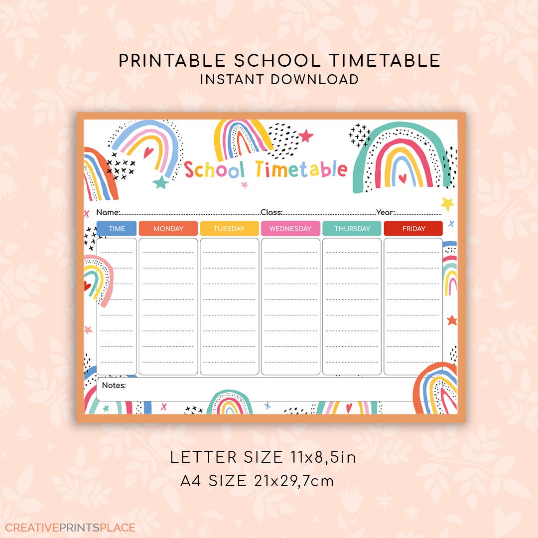 Printable Rainbow School Timetable, Kids Daily Schedule, Back to School ...