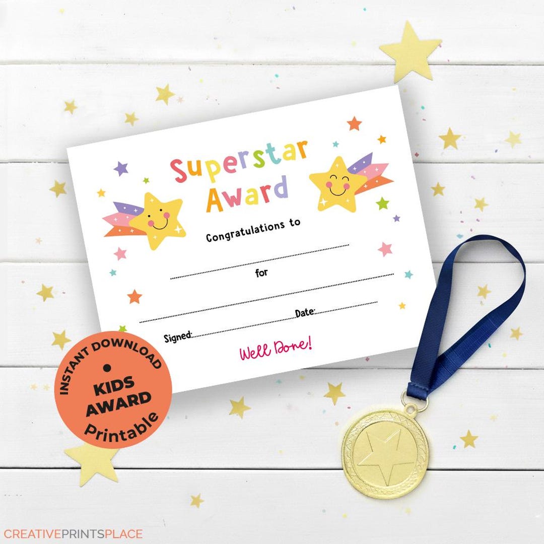 Printable Superstar Award Certificate: Kids School Achievement (digital ...