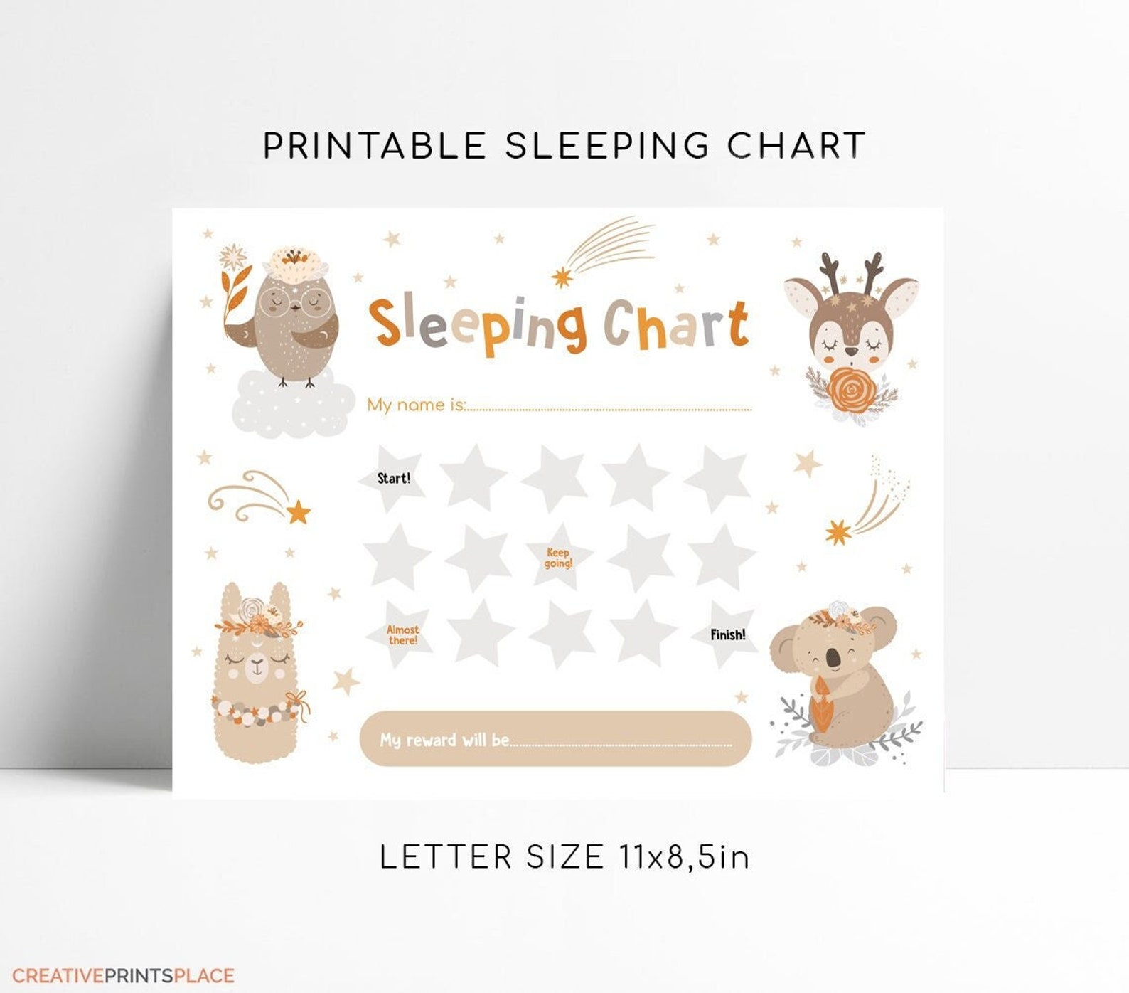 Printable Boho Animals Sticker Sleeping Chart, Good Night Chart for ...