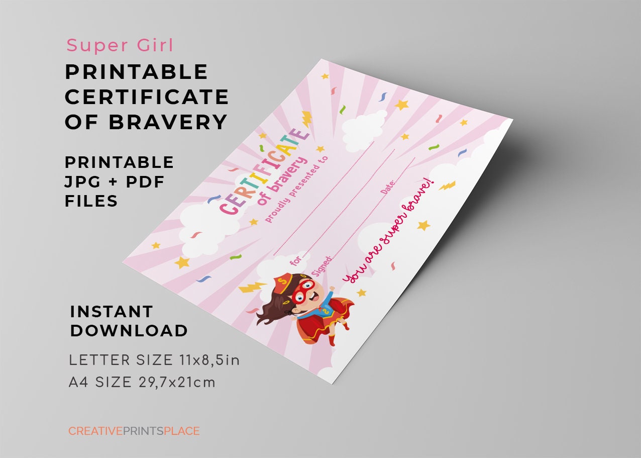 Super Hero Girl Printable Certificate of Bravery, Certificate for Girls ...