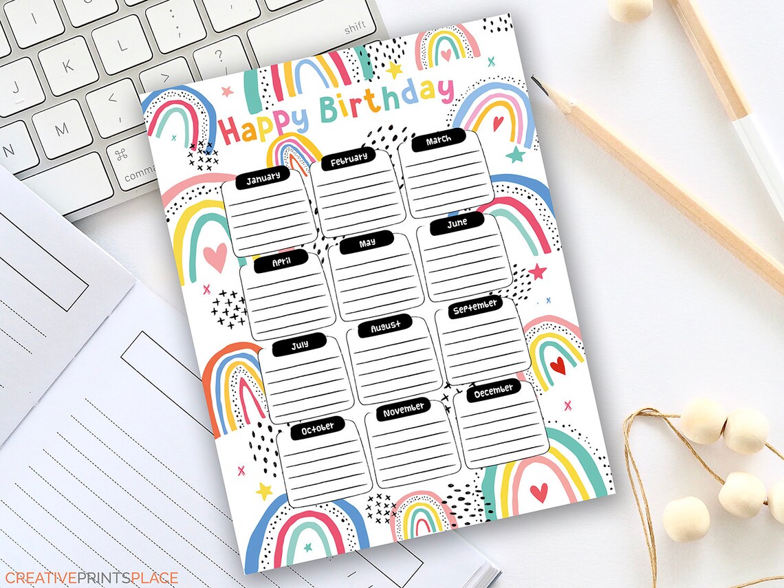Printable Rainbow Happy Birthday Calendar, Kid Birthday Planner, Class ...