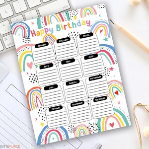 Printable Rainbow Happy Birthday Calendar, Kid Birthday Planner, Class ...
