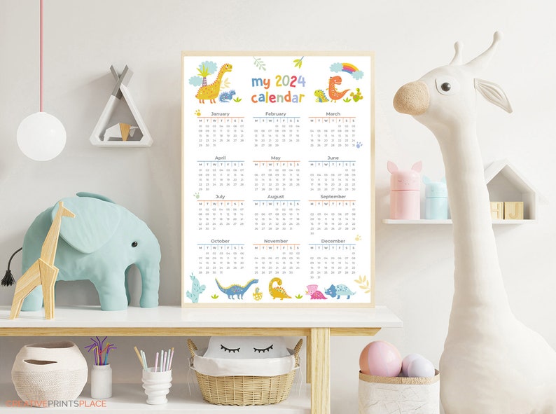 PRINTABLE Cute Dinosaur Calendar 2024, Kids Yearly Wall Calendar ...