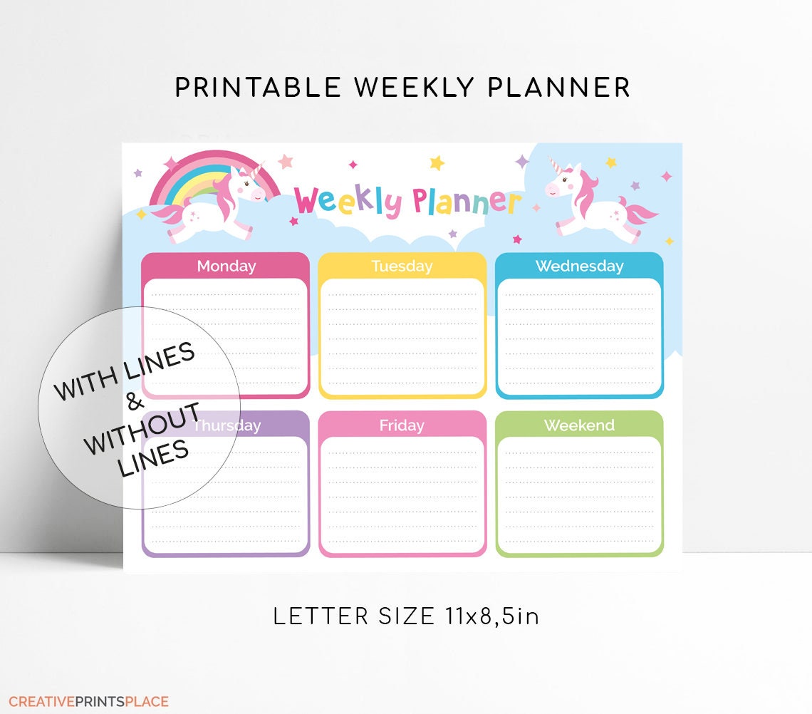 Printable Unicorn Kids Weekly Planner Unicorn Daily (Download Now) - Etsy