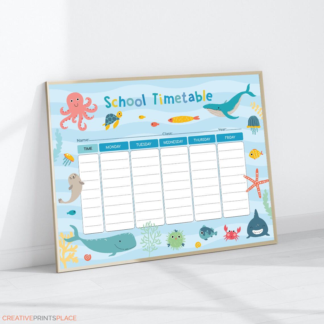 Printable Sea Animals School Timetable, Kids Homework Planner (digital ...