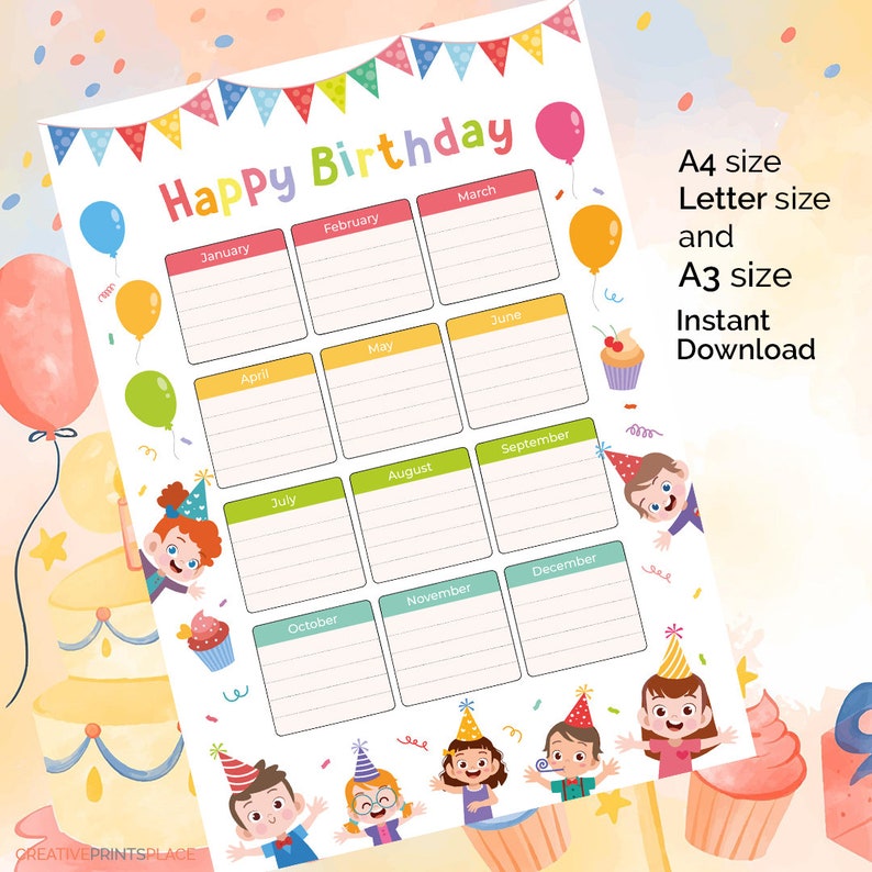 Printable Kids Happy Birthday Calendar, Class Birthday Tracker, Instant ...