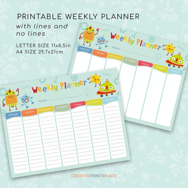 Printable Robots Weekly Planner, Robots Daily Planner, Printable Daily ...