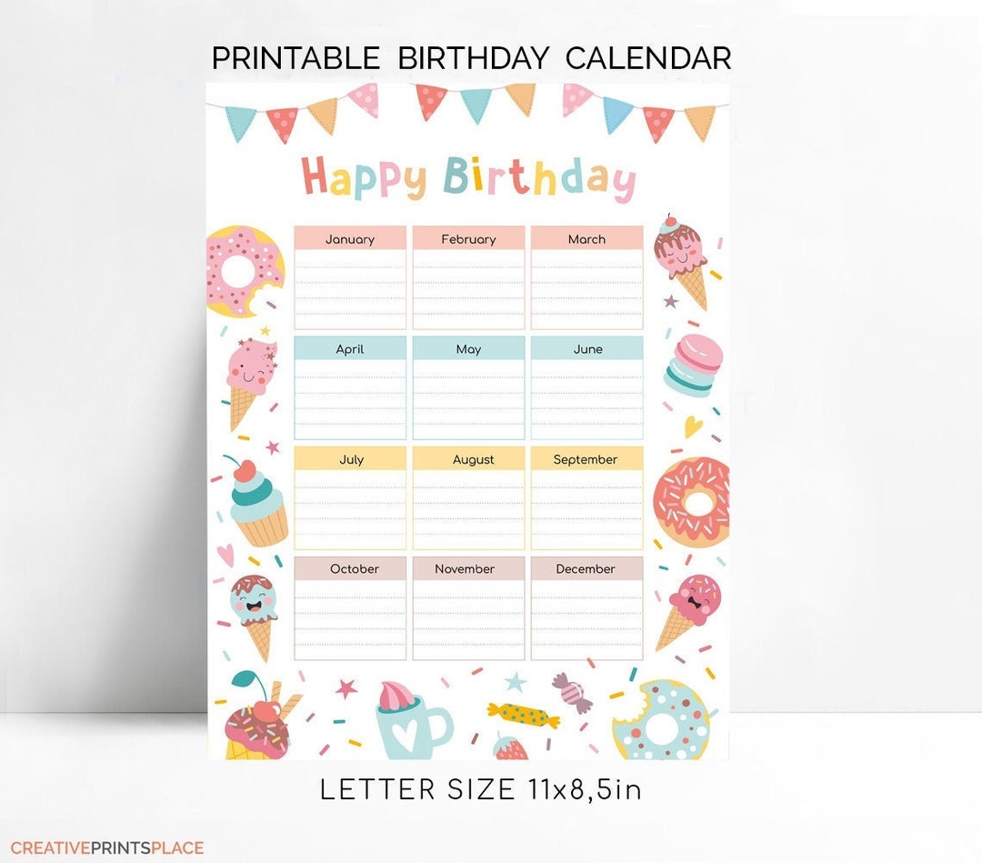 Ice Cream Donuts Happy Birthday Calendar, Kids Birthday Planner, Class ...