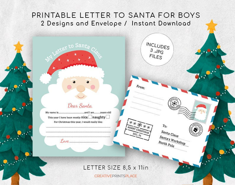 Printable Dear Santa Letter and Envelope for Boys, Christmas Wish List ...