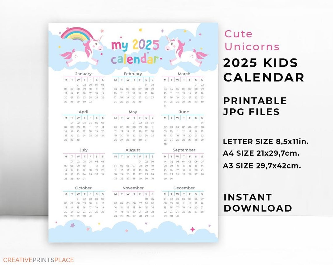 PRINTABLE Cute Unicorn Calendar 2025, Kids Yearly Wall Calendar ...