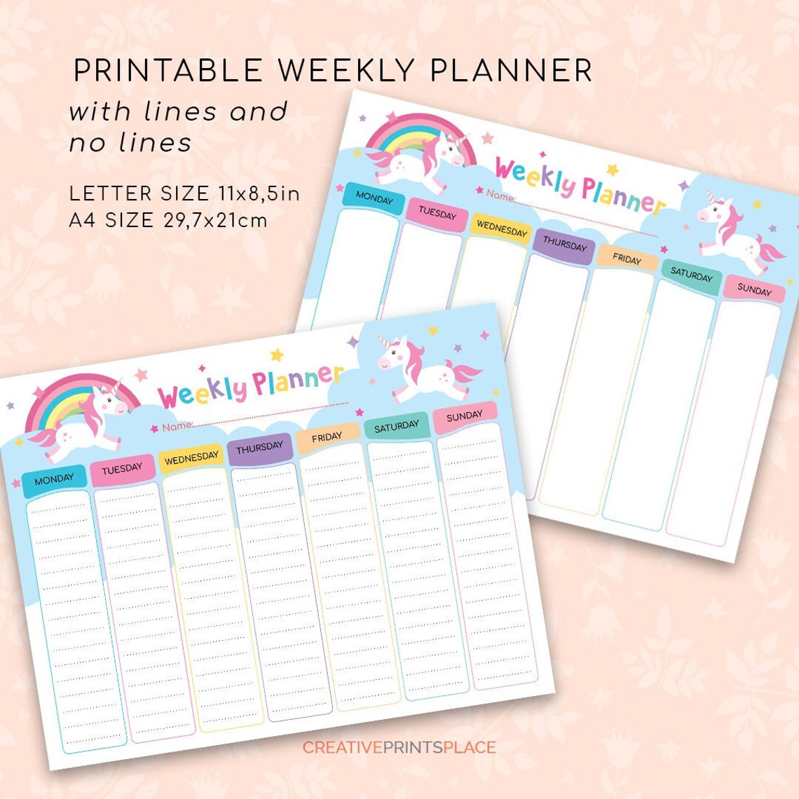 Unicorn Printable Kids Weekly Planner, Printable Daily Weekly Planner ...