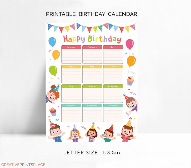 Printable Kids Birthday Calendar: Classroom Birthday Tracker (digital ...