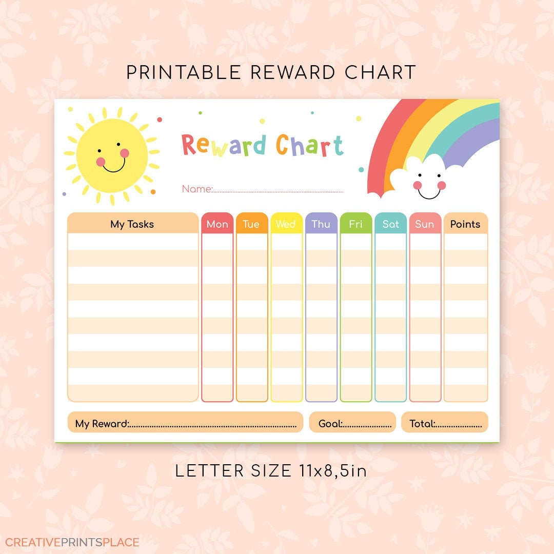 Rainbow & Sunshine Printable Reward Chart for Kids, Girls Chore Chart ...