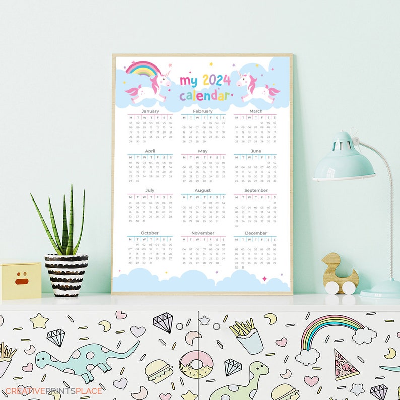 PRINTABLE Cute Unicorn Calendar 2024, Kids Yearly Wall Calendar ...